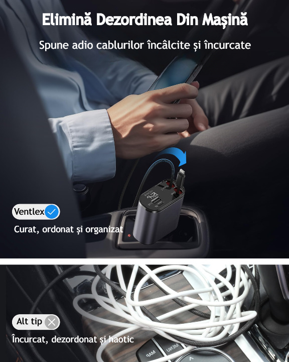 Incarcator Auto Rapid Retractabil 4 in 1 VENTLEX, Afisaj Digital ...